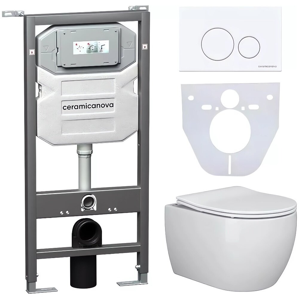 Комплект инсталляции 4 в 1 Ceramicanova Подвесной унитаз PLAY Rimless арт. CN3001 + Шумоизоляционная панель для инсталляции арт. CN1000 + Система инсталляции для унитазов CERAMICANOVA Envision с кнопкой смыва Round цвет белый и креплениями арт. CN1001W