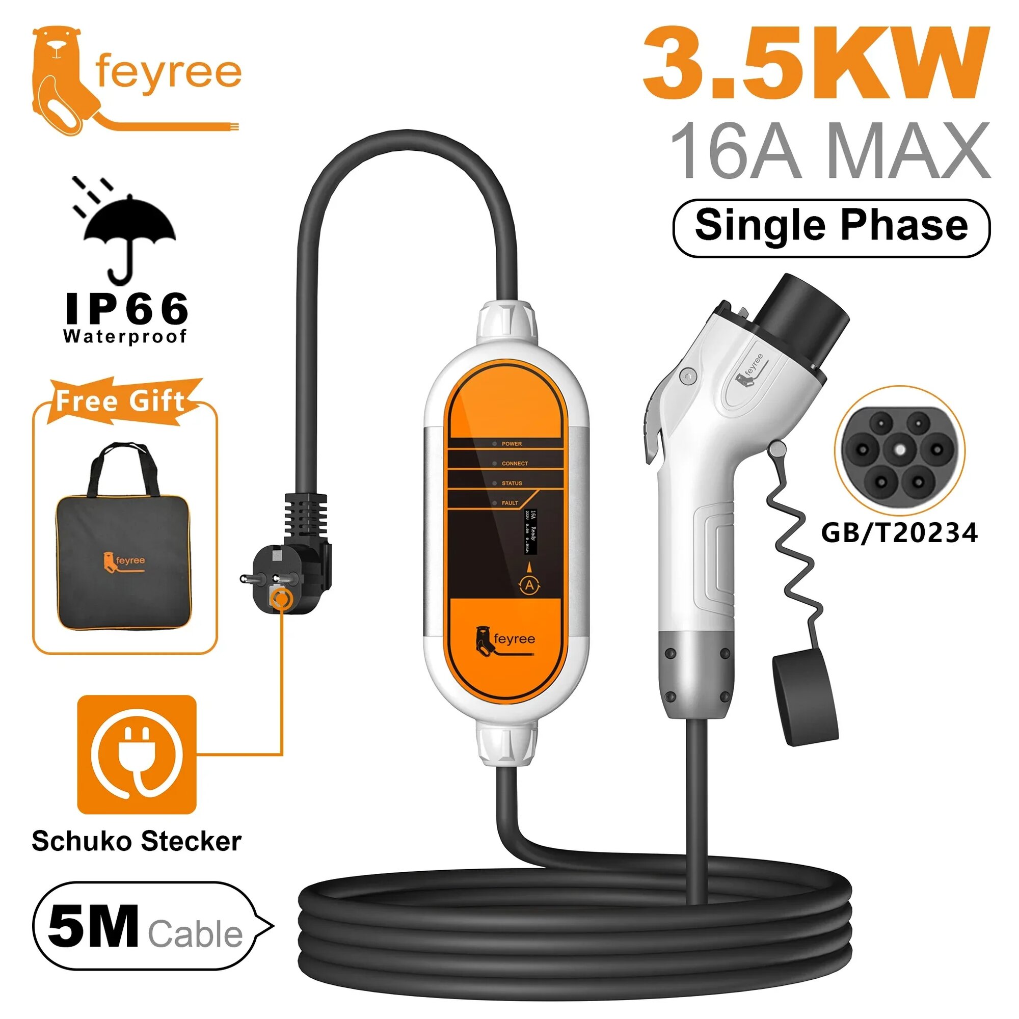 Feyree GB/T Шнур Зарядное устройство для электромобилей 16A 3,5 кВт 1-фазное портативное зарядное устройство Регулируемый ток 5 м Зарядный кабель для электромобиля
