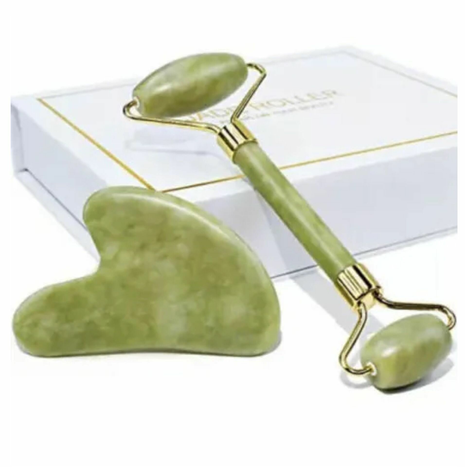 Набор роликовый массажер для лица и кристалл Гуаша из натурального нефрита