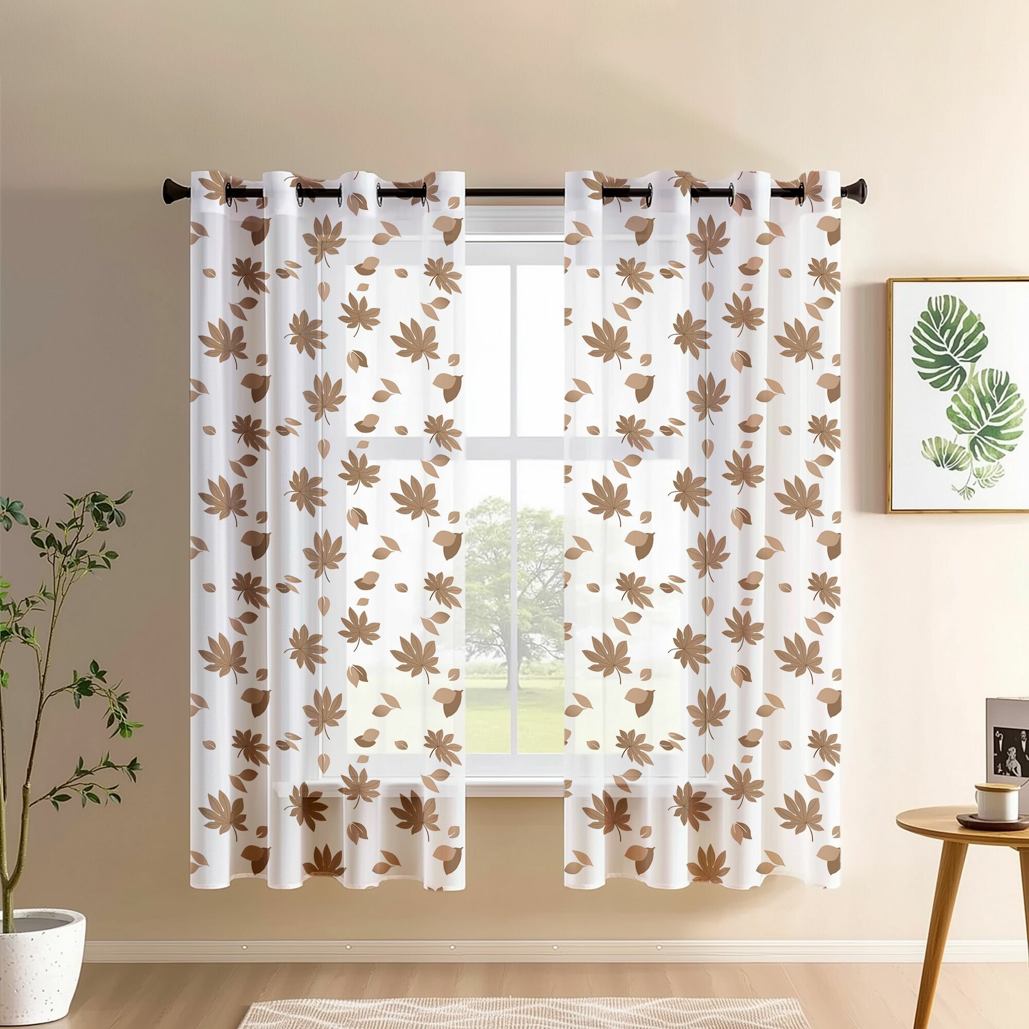 Тюль с рисунком для кухни короткий из двух полотен на люверсах (в комплекте 2 тюля шириной 140см каждое) арт КЛЕН-К-Л-260 выс 180 см цвет коричневый