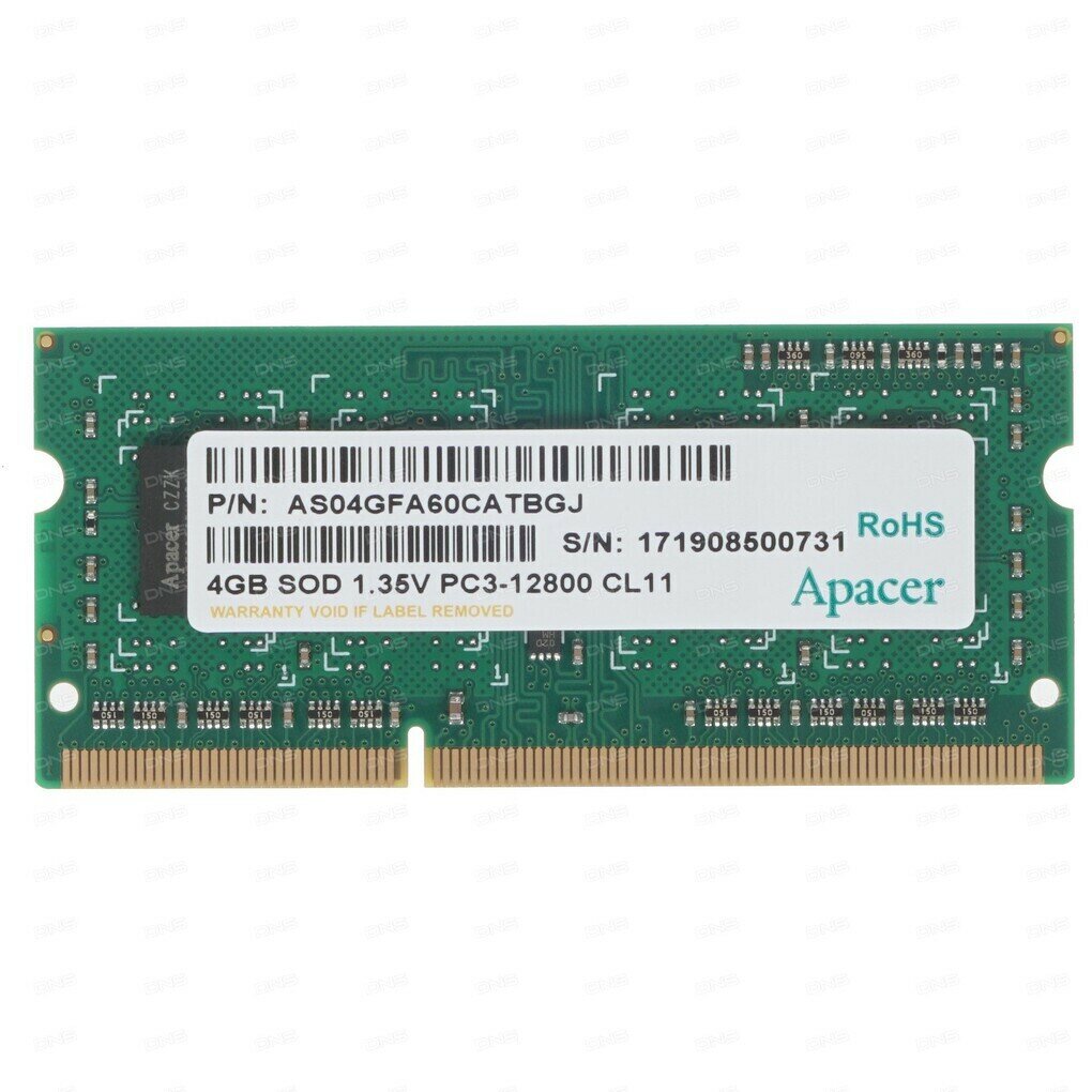 Оперативная память Apacer (DV.04G2K. KAM) SO-DIMM DDR3L 4 ГБ - 1 шт, 1600 МГц
