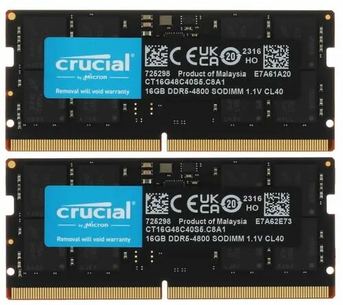 Оперативная память Crucial (CT2K16G48C40S5) SO-DIMM DDR5 32 ГБ - 2 шт, 4800 МГц