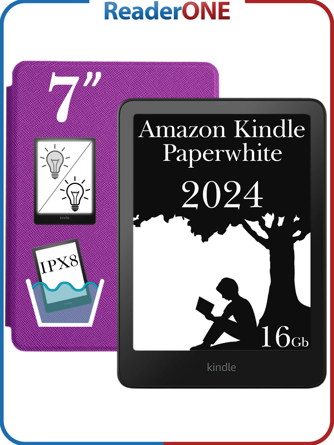 Электронная книга Amazon Kindle PaperWhite 12 2024 16Gb Black (рекламная версия) с обложкой ReaderONE, Purple