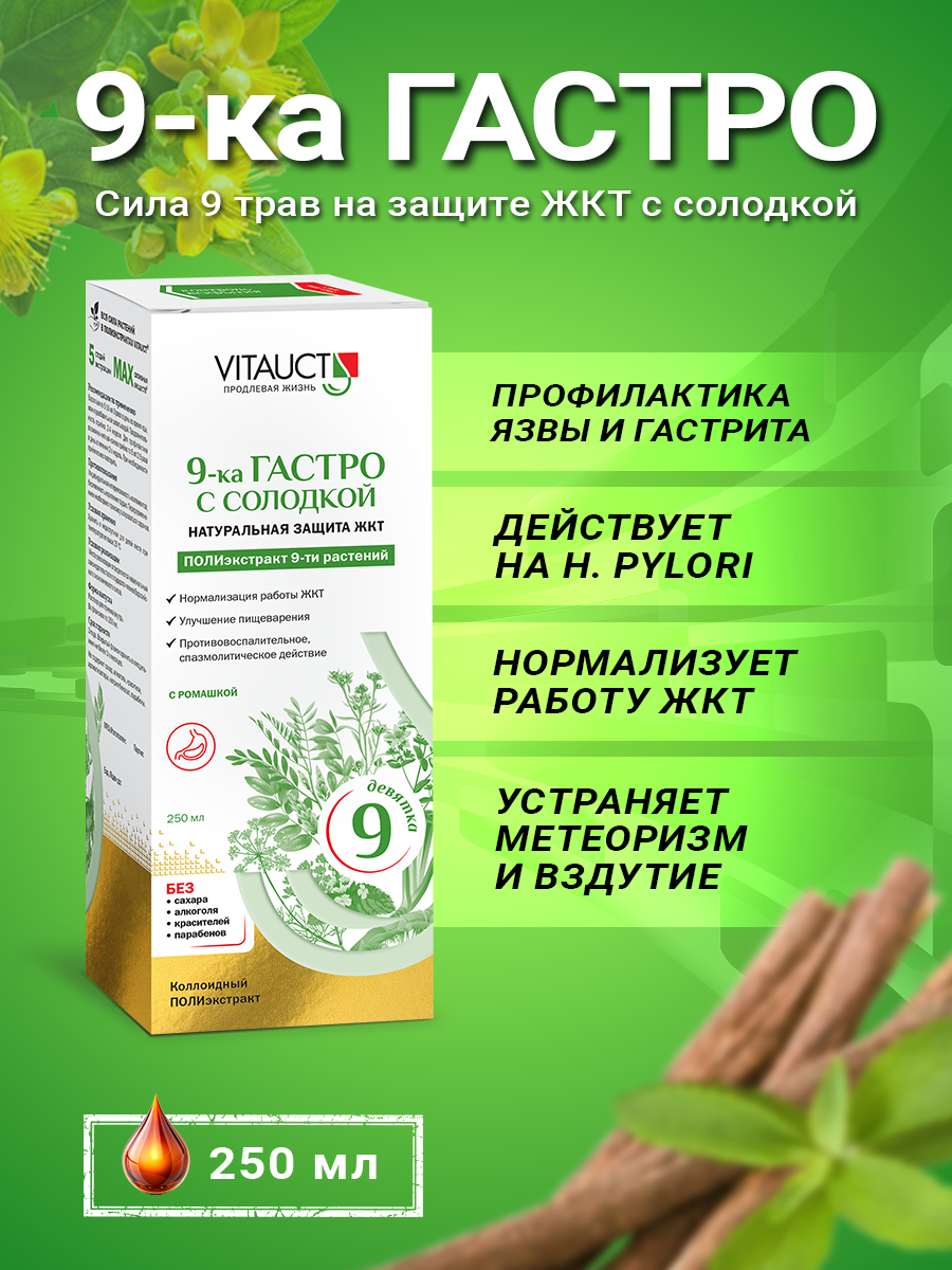 9-ка гастро с солодкой Витаукт 250 мл, Натуральная защита ЖКТ