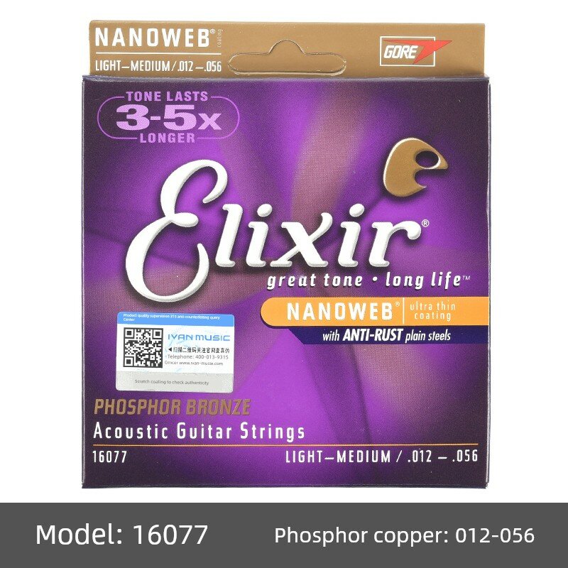 Elixir Fosfor-Bronzovye Tонkoe Pokrytye Akusticheskie Gitary Stroki Komplekt 12-56 Mera Rasshirennyy Diapazon