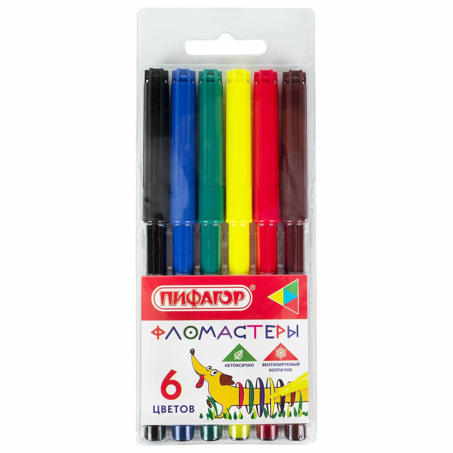 Фломастеры пифагор "Веселая такса", 6 цветов, вентилируемый колпачок, 151396, 12шт.