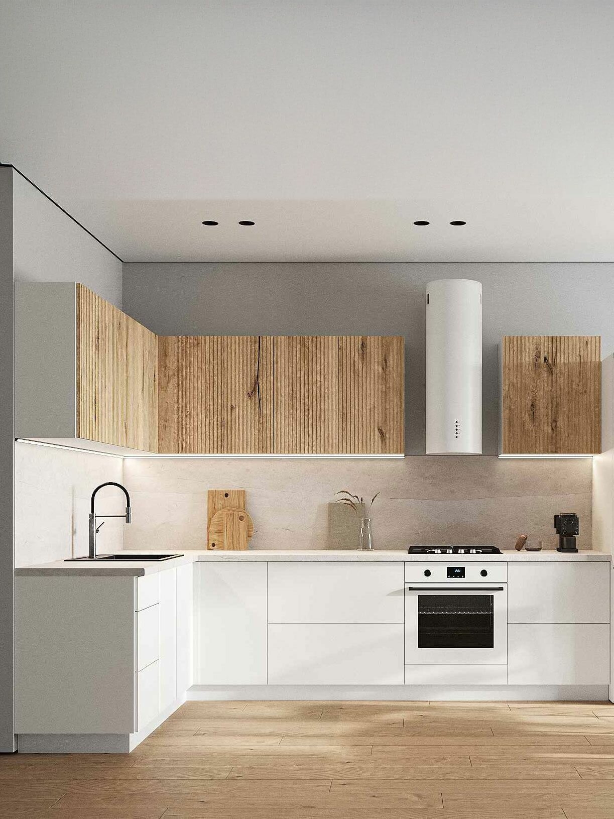 Кухонный гарнитур угловой Комби 3.0х1.8 м, мебель для дома и кухни, Белый / Дуб Торонто / Бланж