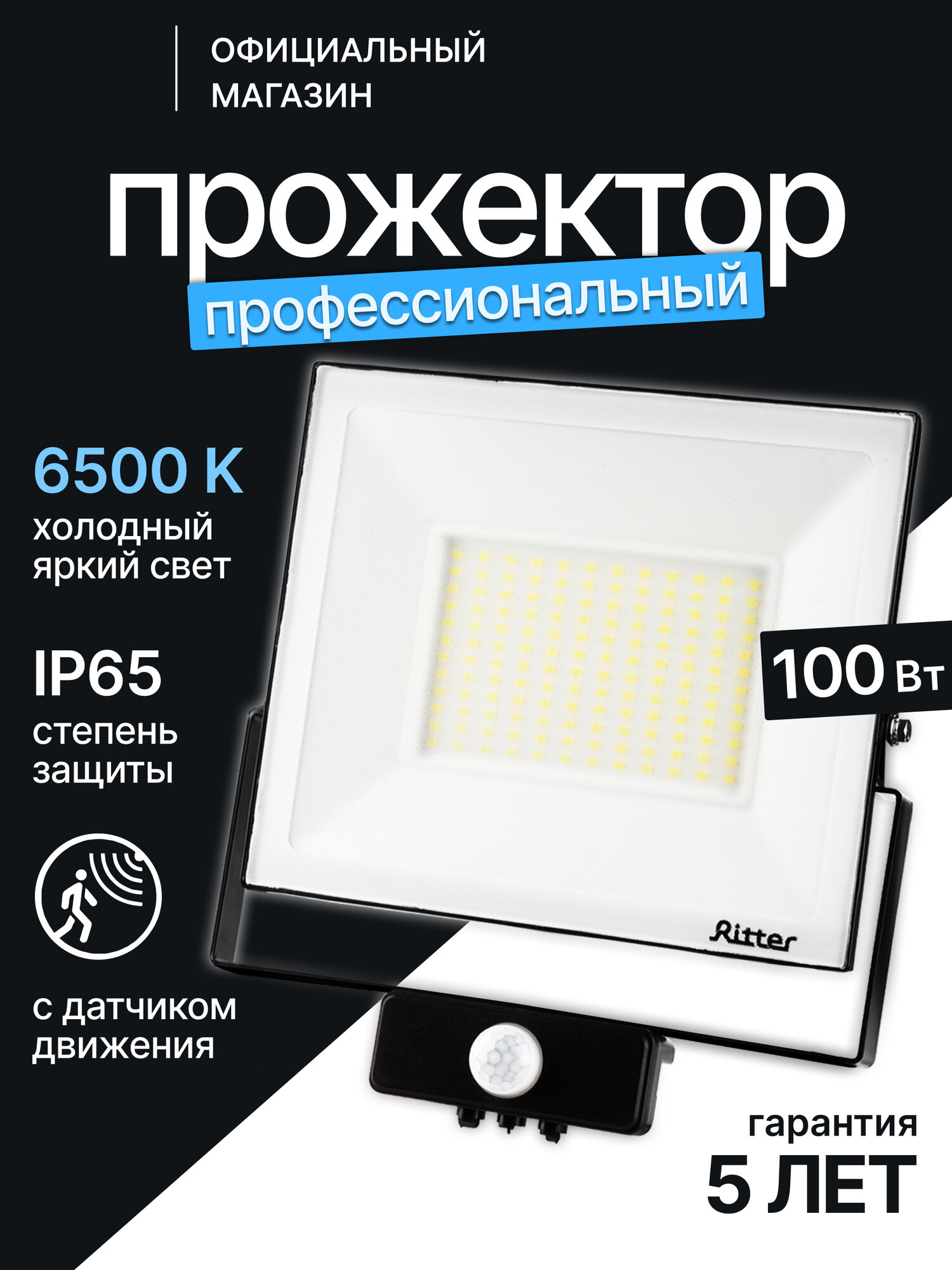 Прожектор светодиодный уличный с датчиком движения Ritter 100Вт, 6500К, IP65, серия профи 53424 6