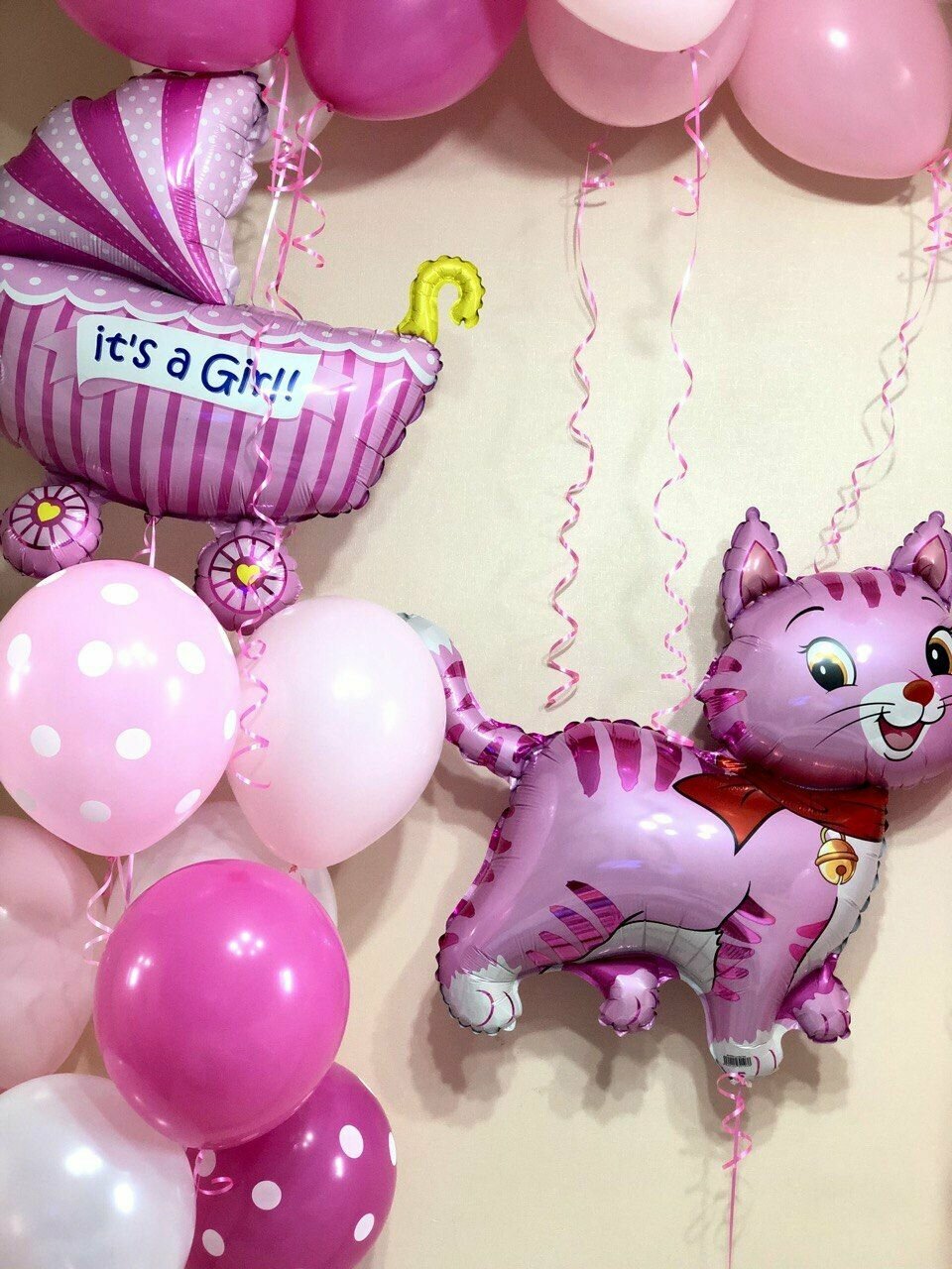 Фотозона из шаров на рождение дочки, выписку с люлькой и кошечкой