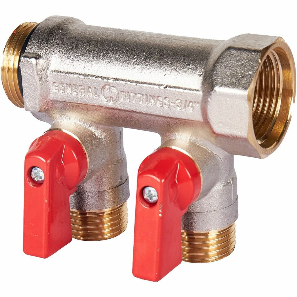 Коллектор для водоснабжения с шаровыми кранами STOUT SMB 6210 341202 3/4", 2 отвода 1/2" (красные ручки)