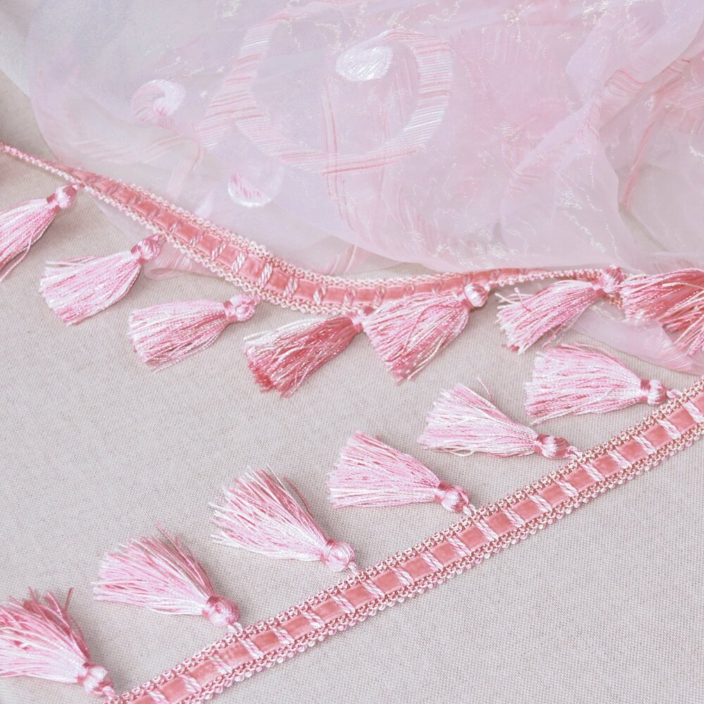 Тесьма 20 м на велюровой ленте с бахромой из кисточек, высота 7,7 см, цвет: розовый, белый, светло-розовый