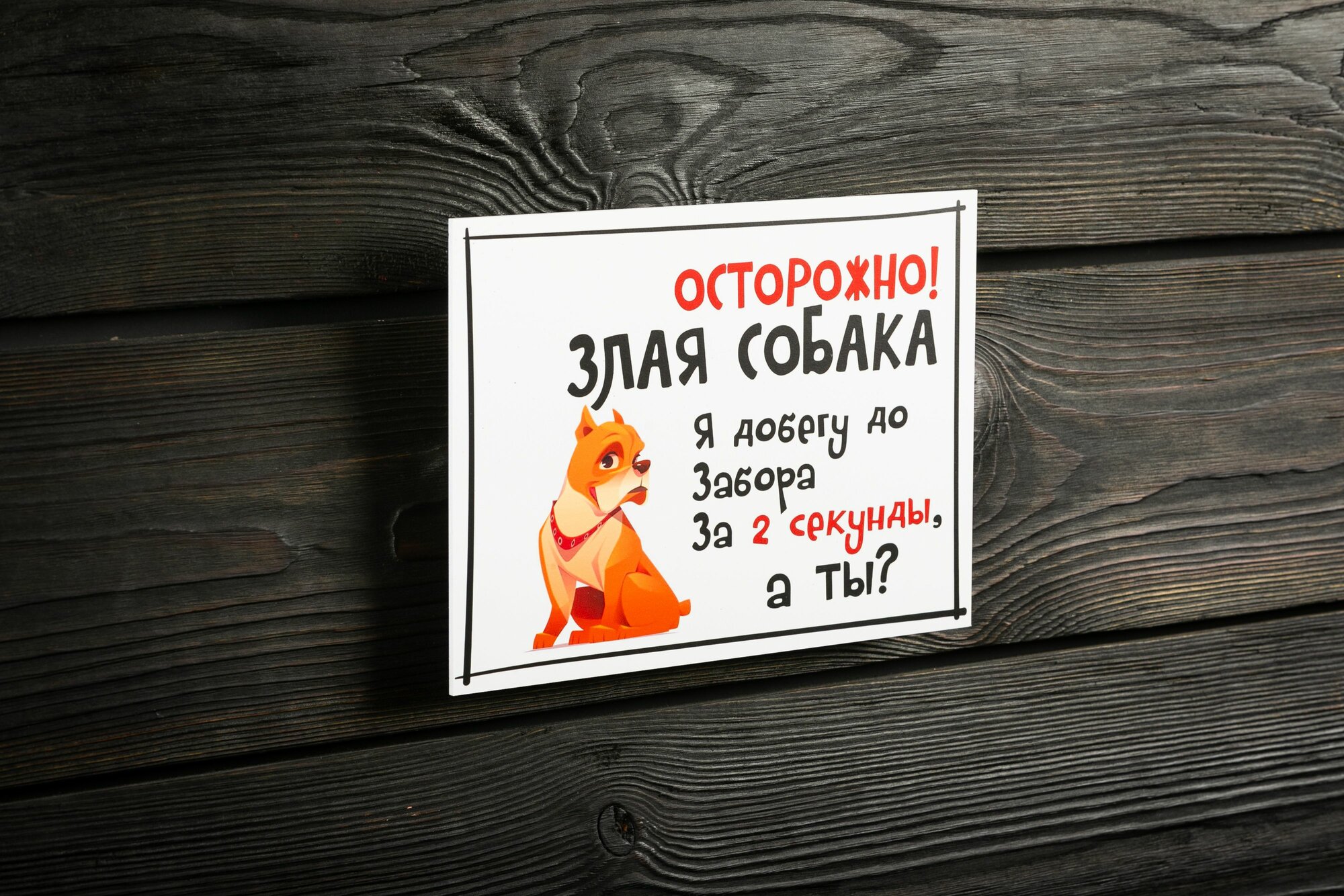 Декоративная табличка "Осторожно! Злая собака. Добегу до забора за 2 секунды. А ты?"