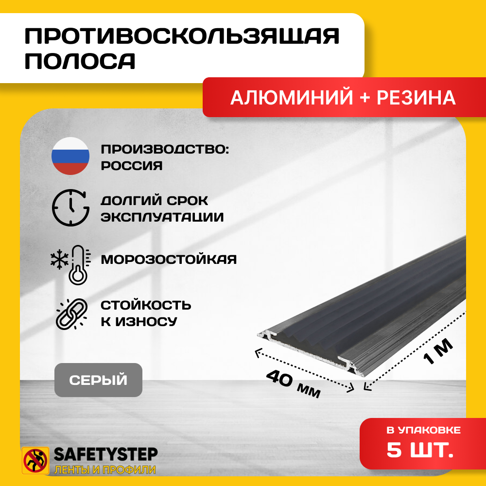 Алюминиевая Полоса-порог Евро 40 мм/5 мм с серой резиновой вставкой, длина 1 метр, 5 штук, накладка на порог, порог алюминиевый прямой
