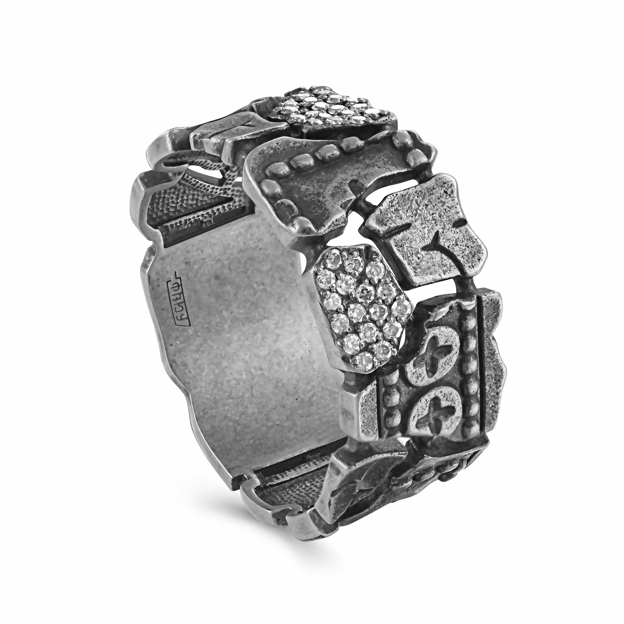 Кольцо широкое, серебро, 925 проба, родирование, бриллиант