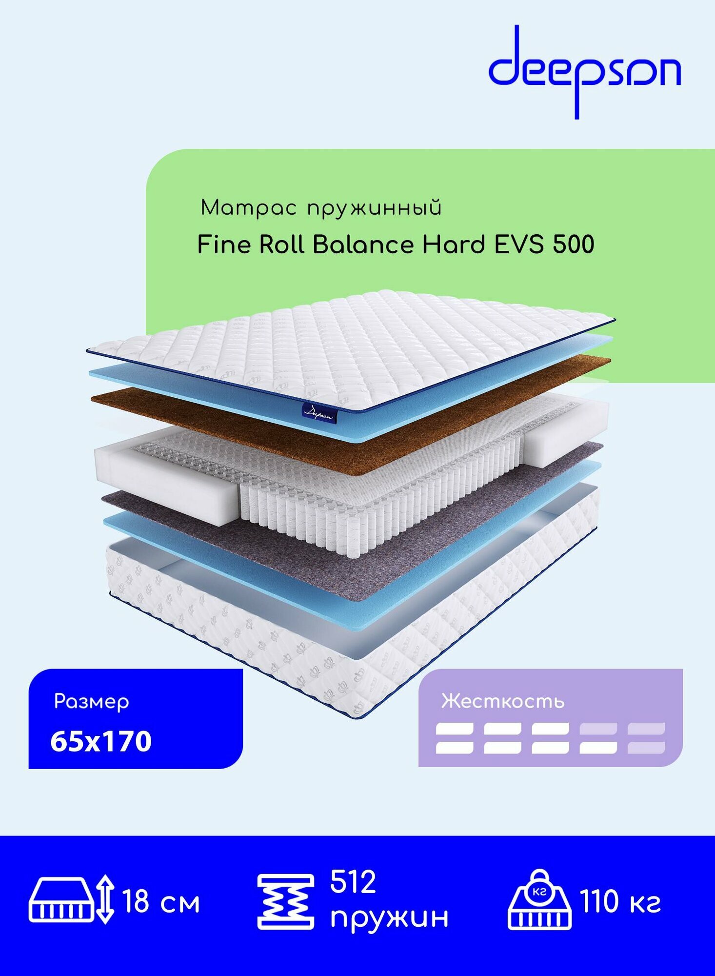 Матрас 65x170 ортопедический независимые пружины Deepson Fine Roll Balance Hard EVS 1000