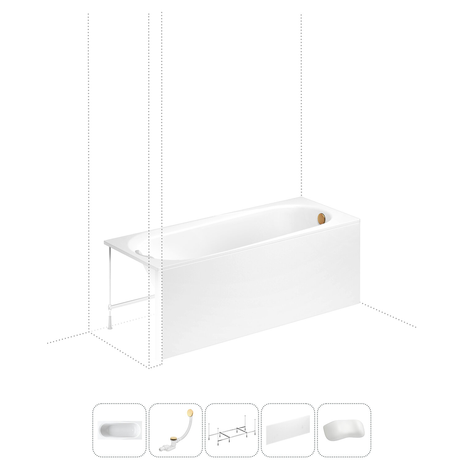 Акриловая ванна 150x70 с каркасом и экраном Lavinia Boho Biore 202011742 в наборе 5 в 1: прямоугольная ванна 150 x 70 см, слив-перелив, каркас, экран, подголовник