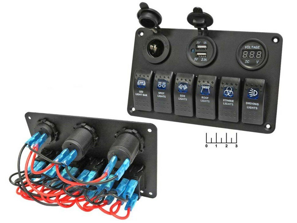 Панель управления с подсветкой (6 выкл.+вольтметр+гнездо прикур.+2USB 5V 3.1A) LED синий (20-0131)