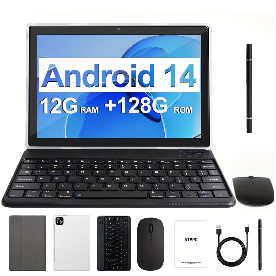 Планшет 10,1 дюйма на Android 14, 2 в 1 с клавиатурой, мышью, чехлом и стилусом, 128 ГБ ПЗУ, 12 ГБ (4 ГБ + 8 ГБ) ОЗУ, двойная камера, восьмиядерный процессор, экран с разрешением 1280 * 800 IPS, GMS, 5G Wi-Fi 6, планшет.