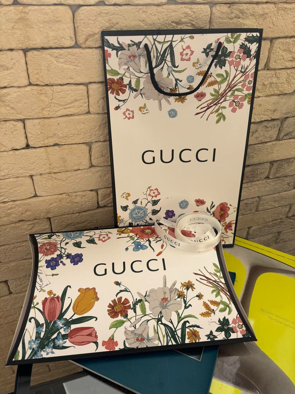 Упаковка фирменная в стиле от гуччи 3 в 1пакет, коробка и ленточка