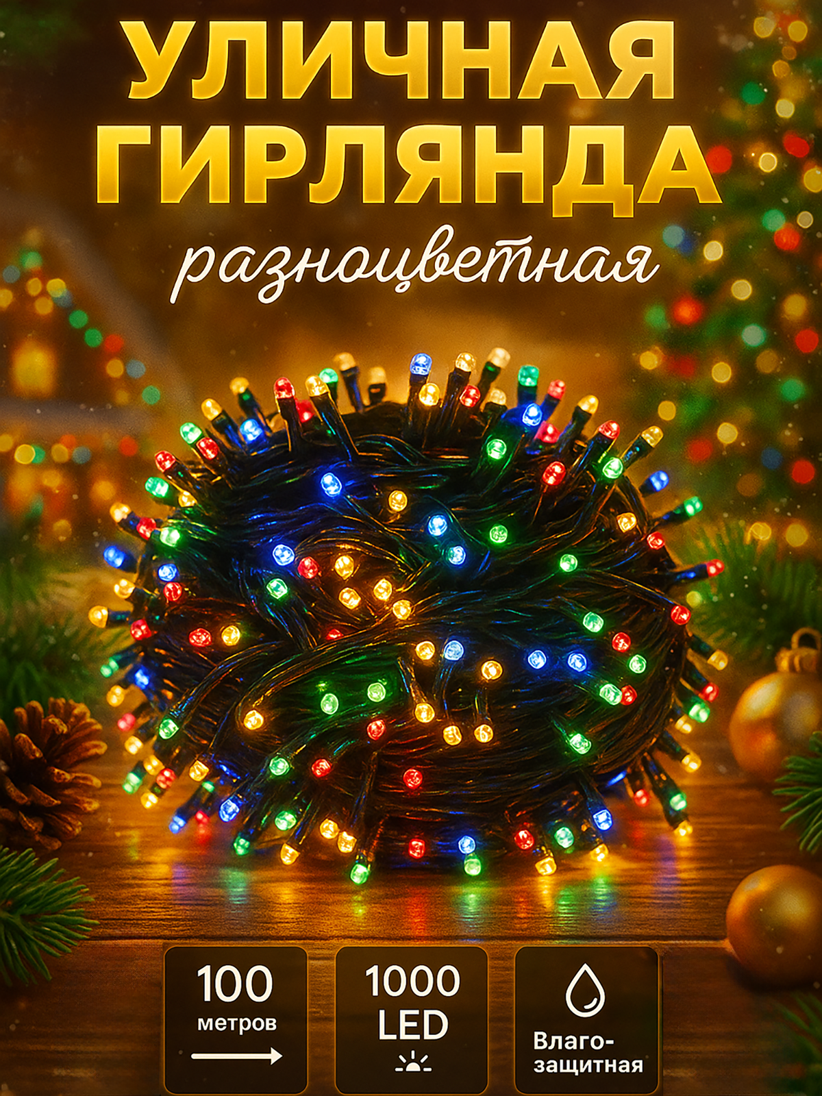 Уличная гирлянда светодиодная, новогодняя гирлянда led на дом или елку, электрогирлянда морозостойкая, 100 м, разноцветный, влагозащитная