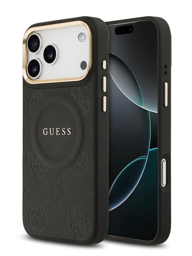 Guess чехол с MagSafe для iPhone 17 Pro, PU кожа Saffiano Peony, с защитой камеры, черный