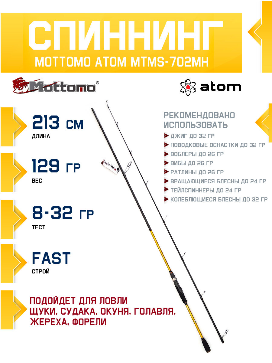 Спиннинг Mottomo Atom MTMS-702MH 213см/8-32g на щуку, окуня, голавля, жереха.