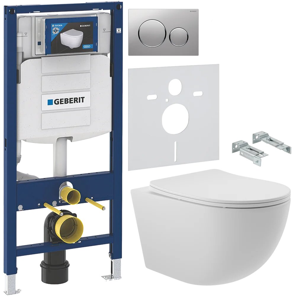 Комплект Унитаз подвесной Aqueduto Ovo OVO0120 безободковый, с микролифтом, белый матовый / Крепления к стене / Инсталляция UP 320 111.300.00.5, Кнопка Sigma хром матовый, хром глянцевый