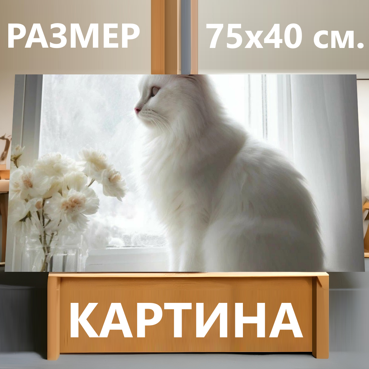 Картина на холсте "Домашний питомец, кошка, белая, пушистая, окно, обзор Белая Кошка, кот" на подрамнике 75х40 см. для интерьера