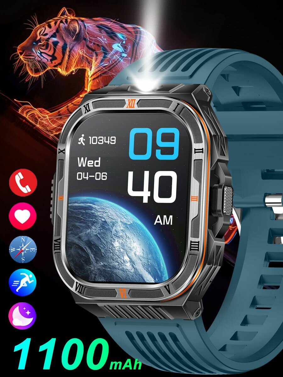 Cмарт часы мужские водонепроницаемые противоударные, с 1.7'большим amoled экраном, Оснащен функциями Bluetooth-звонков, компаса, фонарика и фитнес-трекера.