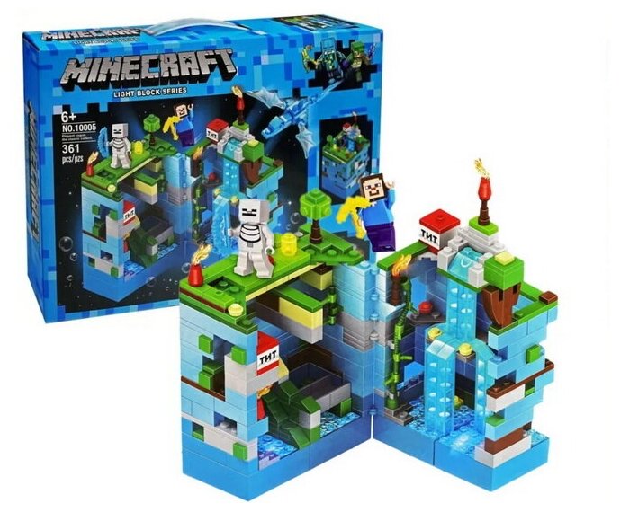 Конструктор Майнкрафт 361 деталей "Сражение в Подземелье " Синяя крепость с LED подсветкой/Конструктор minecraft/Майнкрафт Синяя крепость