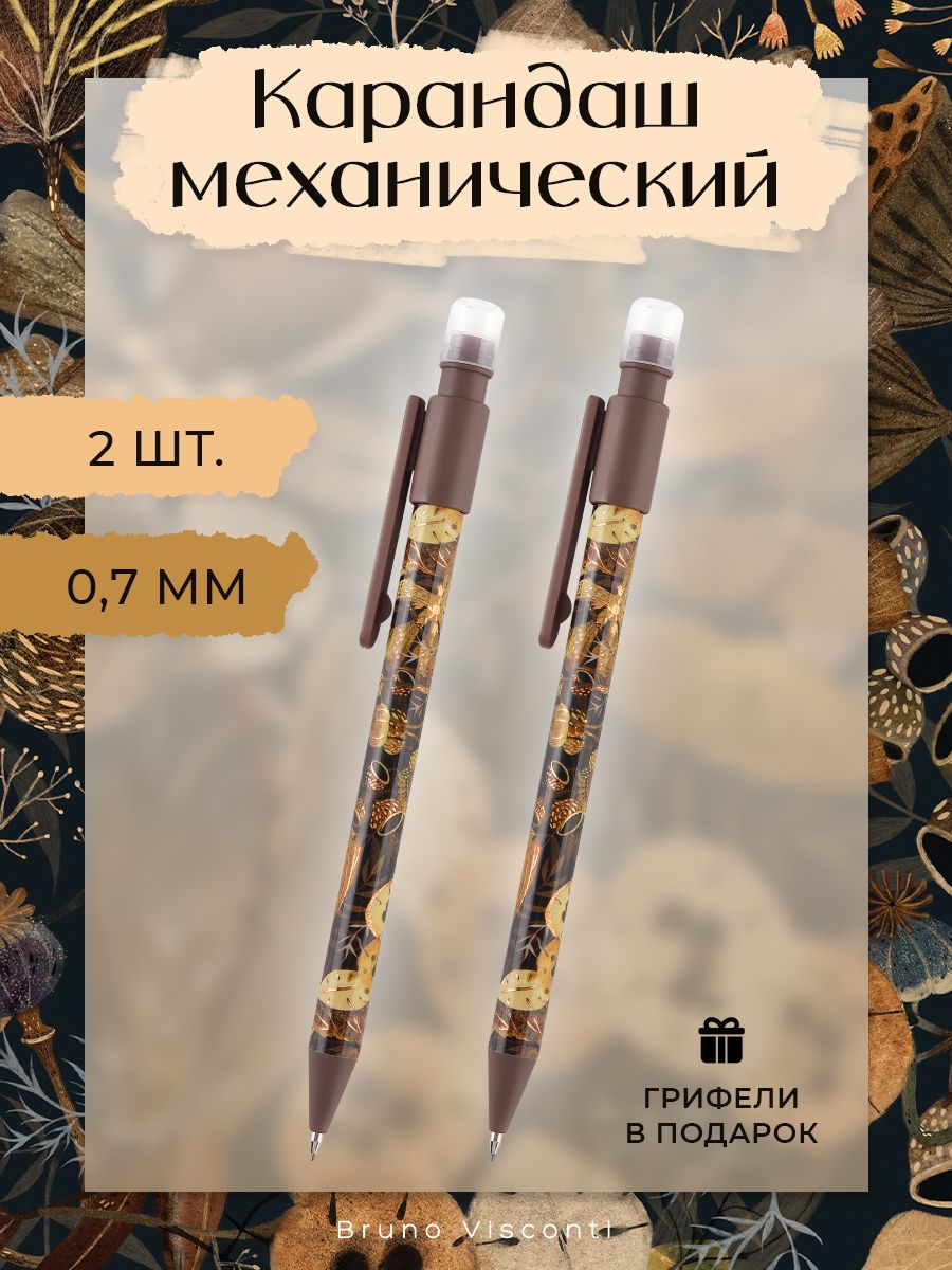 Механический карандаш 0,7 мм с ластиком Bruno Visconti "Flora. Букет осени ", набор 2 шт + грифели, HB / карандаши простые для школы, офиса