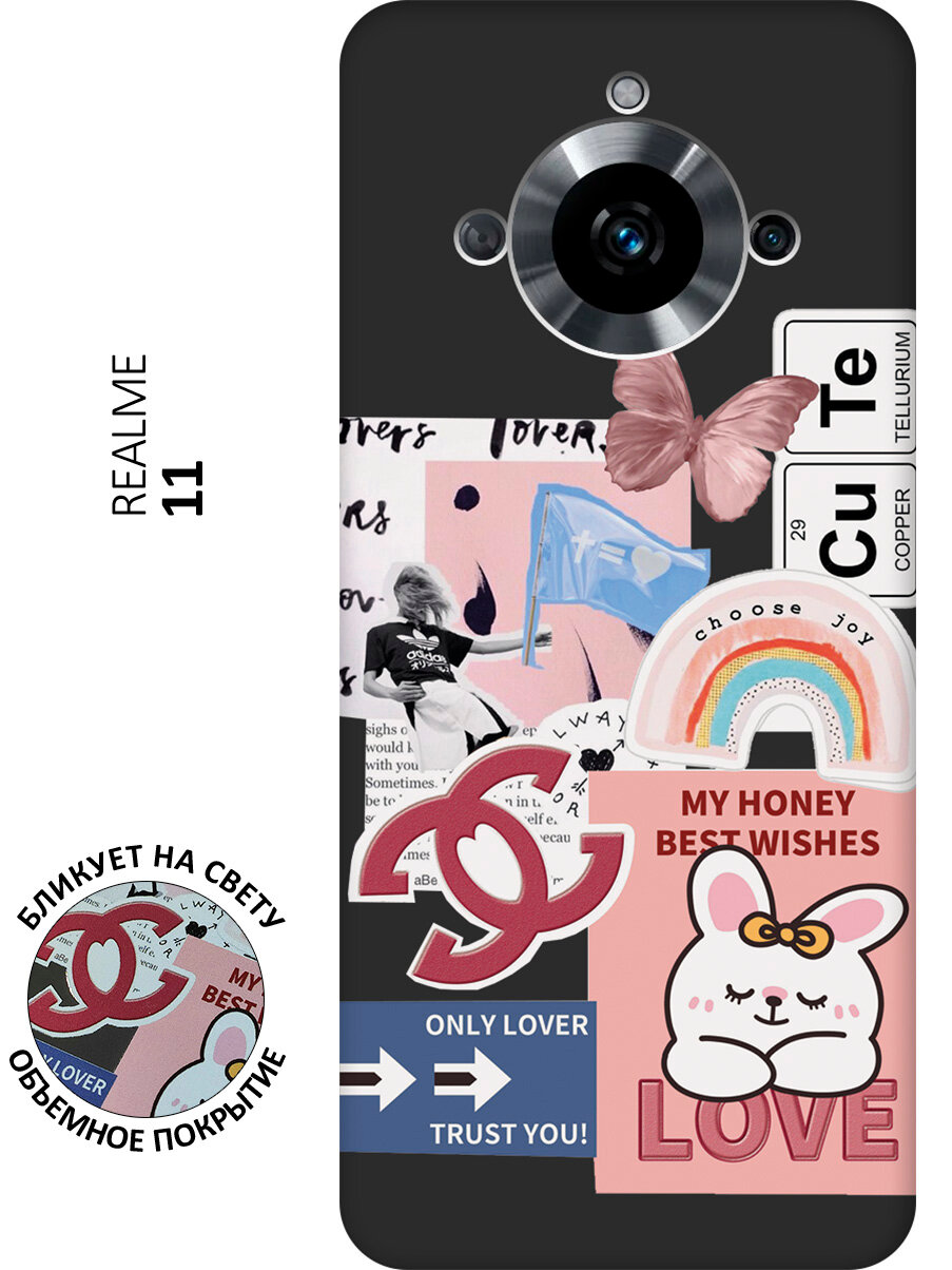 Матовый чехол Cute Stickers для Realme 11 / Рилми 11 с 3D эффектом черный