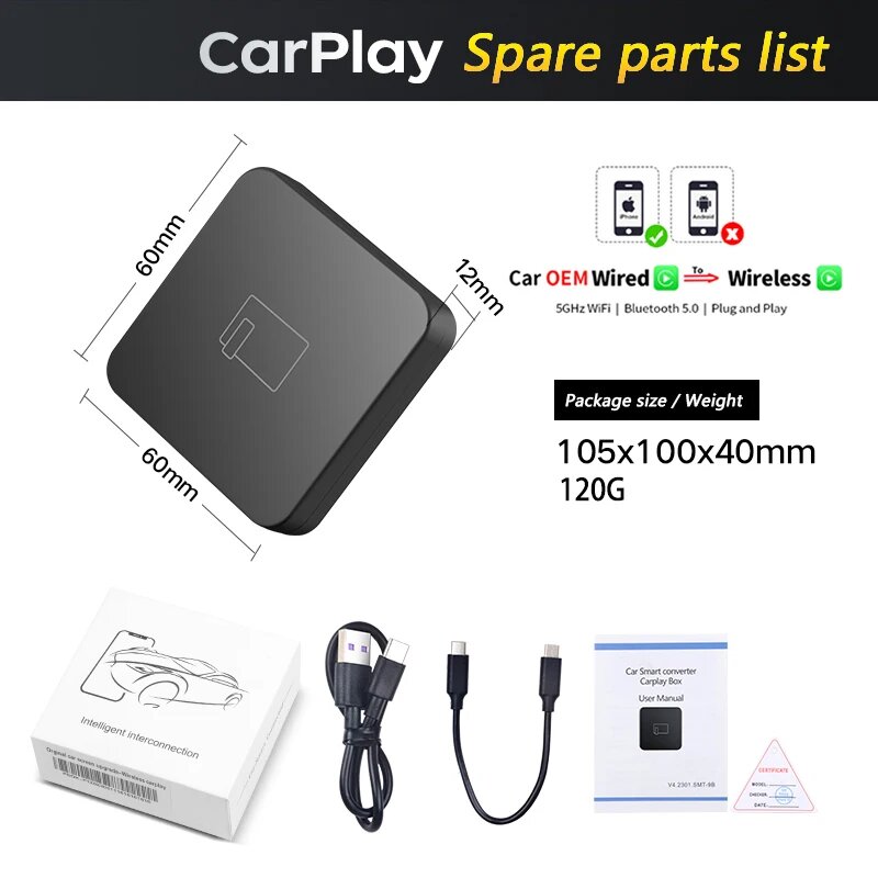 Carplay AI Box Apple, проводной/беспроводной, 5G Bluetooth