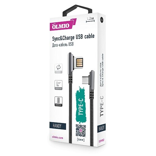 Кабель HANDY, USB 2.0 - Type-C, 1.2м, 2.1A, угловой, двухсторонний, черный, OLMIO