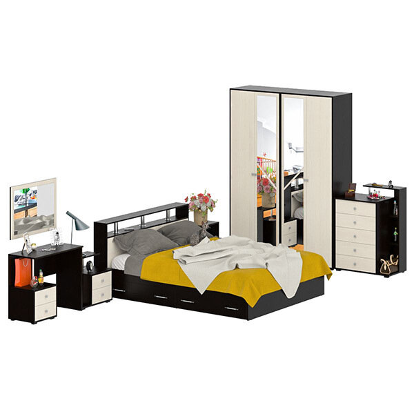 Спальня Камелия № 10 Кровать с ящиками 1600 + Две тумбы + Стол косм. + Зеркало + Комод + Шкаф, цвет венге/дуб лоредо, 1600х2000 мм, б/м, осн. есть