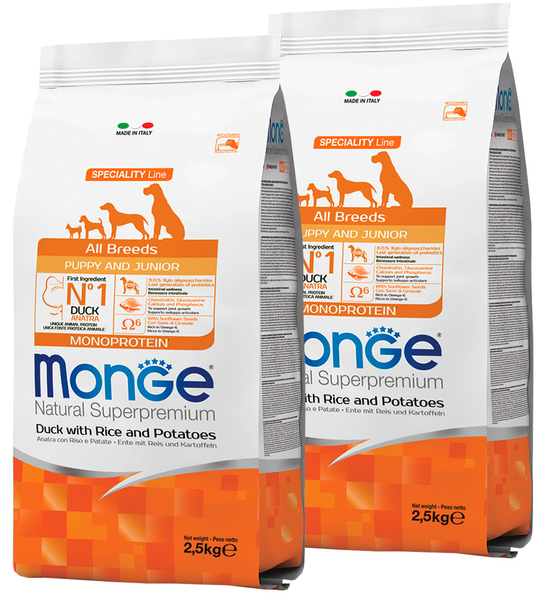 Корм сухой Monge Speciality Monoprotein Puppy & Junior Duck монобелковый для щенков всех пород, утка, рис, картофель, 2,5 кг 2 шт