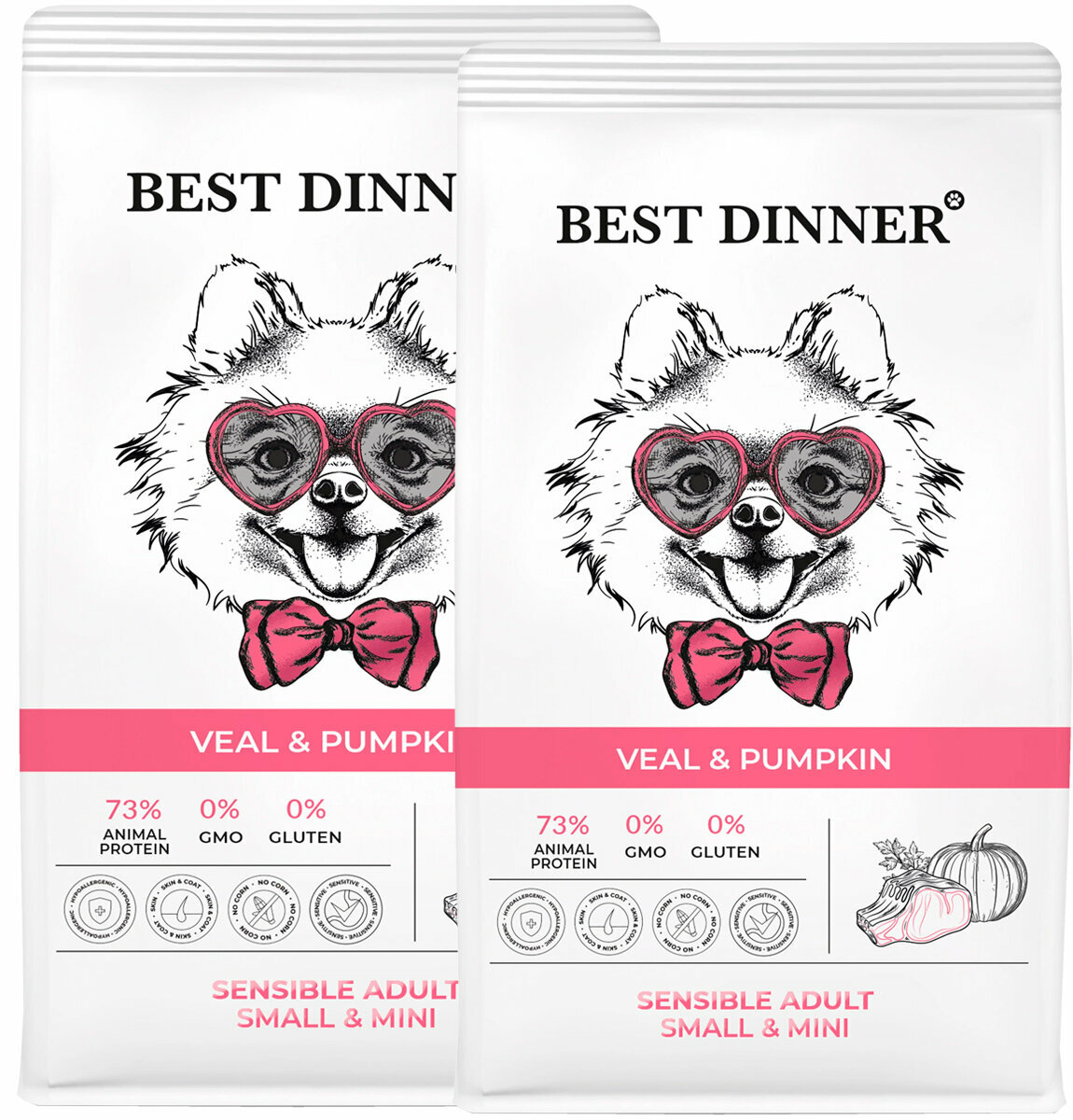 BEST DINNER DOG ADULT MINI SENSIBLE для взрослых собак маленьких пород с чувствительным пищеварением с телятиной и тыквой (10 + 10 кг)