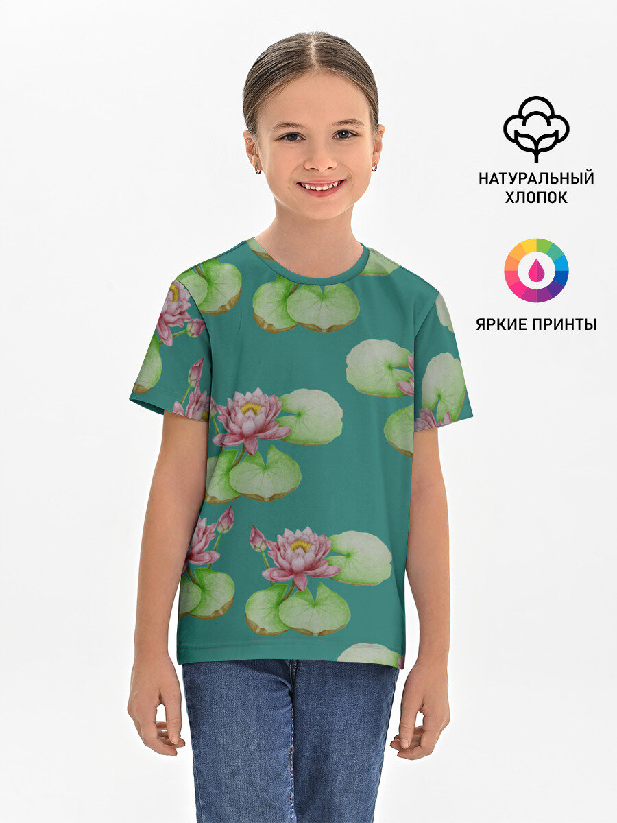 Футболка хлопковая детская Лотосы на темно бирюзовом фоне