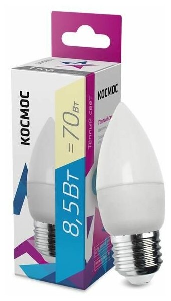 Лампа светодиодная 8.5Вт свеча 3000К тепл. бел. E27 220В космос LkecLED8.5wCNE2730