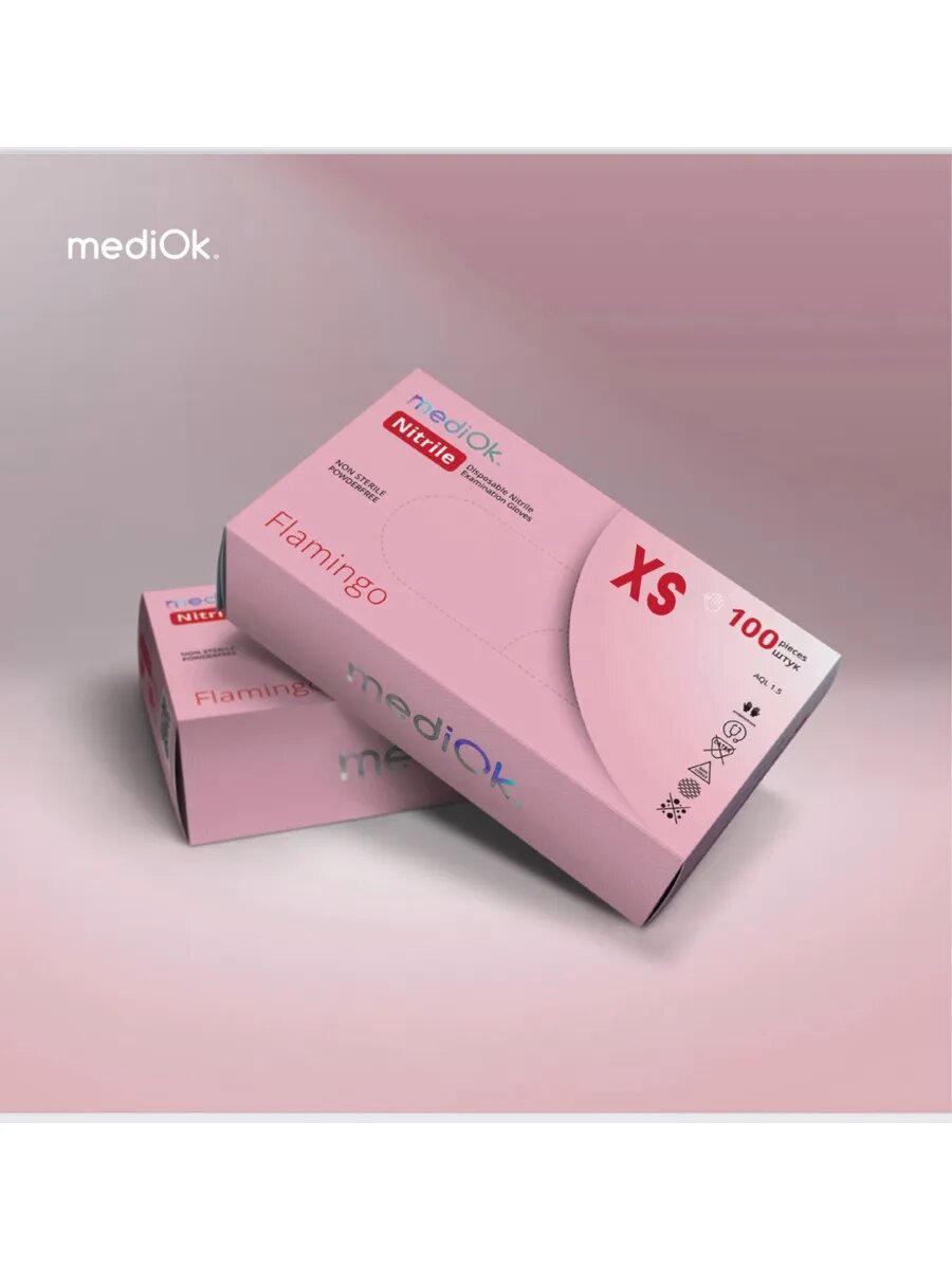 Перчатки нитриловые mediOk, розовый Flamingo, размер XS, 50 пар