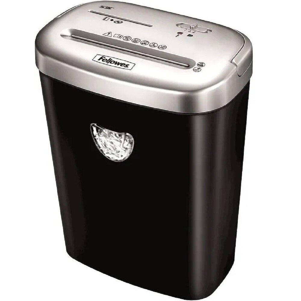 Fellowes Уничтожитель Fellowes Шредер PowerShred 53C FS-46531, {DIN P-4, 4х35мм, 10лст, 23лтр, уничт: скобы, скр, пл. карты, CD