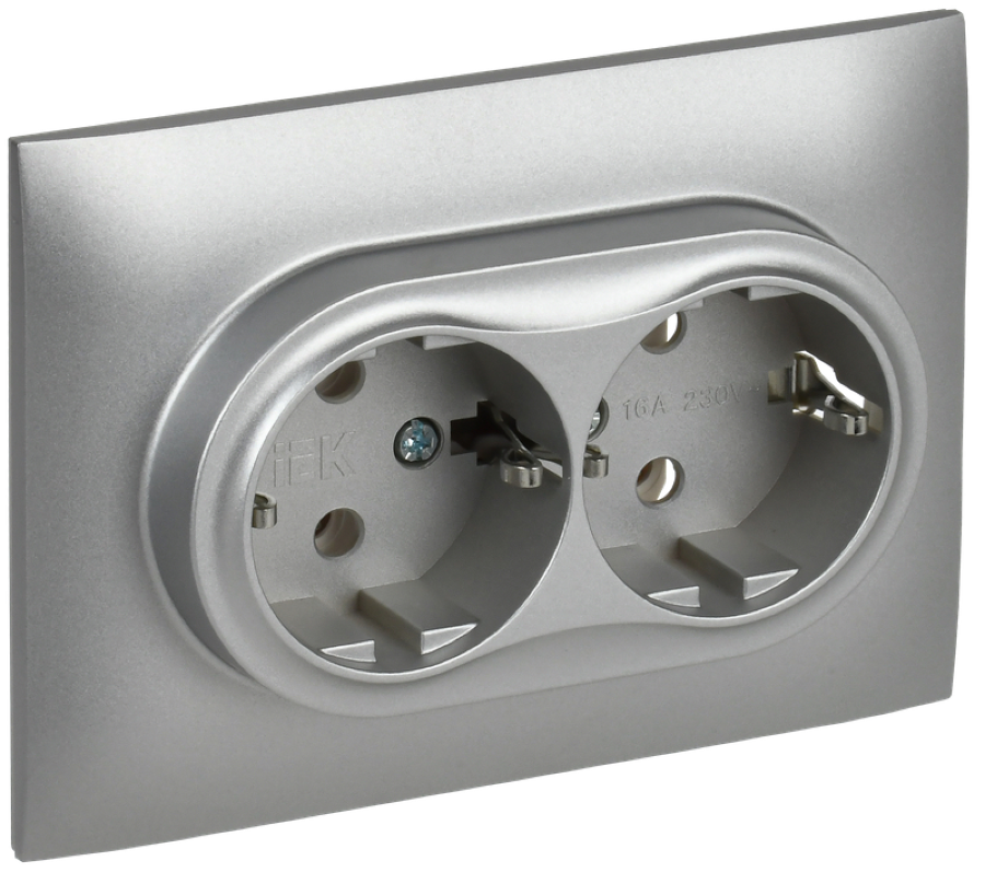 Розетка силовая штепсельная IEK / ИЭК SKANDY SK-R08S, двухместная 16А 230В IP20, серебряный, с заземляющими контактами без шторок, SK-R21-16-K23-F