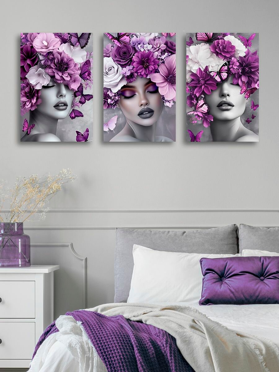 Комплект картин на холсте LOFTime 3 шт 40Х60 Девушка цветы фиолет КC-1295-4060