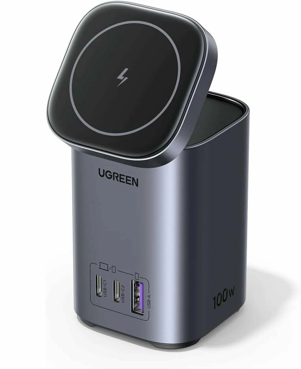 Беспроводное зарядное устройство UGREEN X555 (55321) 65W 2-in-1 GaN Desktop Magnetic Wireless Fast Charger EU. Цвет: серый.