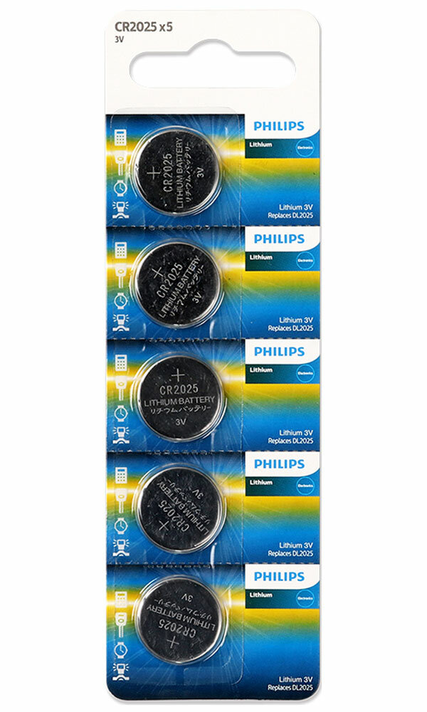 Батарейки Philips плоские, CR2025, литиевые, 5 шт, в блистере (CR2025P5B/97)
