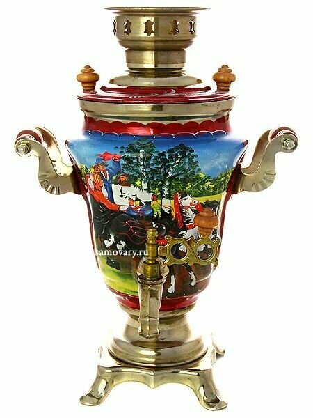 Классический латунный электрический самовар 1.5 л Летняя тройка , с художественной росписью ручной работ