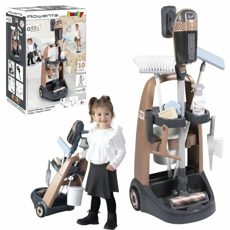Игровой набор Smoby - Игрушечная детская Тележка для уборки с пылесосом ROWENTA + 10 аксессуаров - Смоби 330326