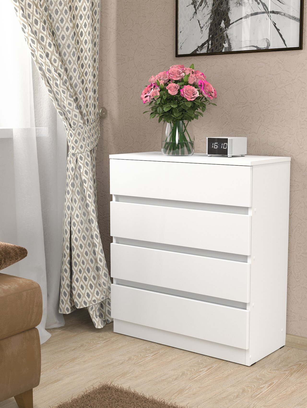 Комод Мебельная фабрика Лена, деревянный, на роликах, без ручек, белый