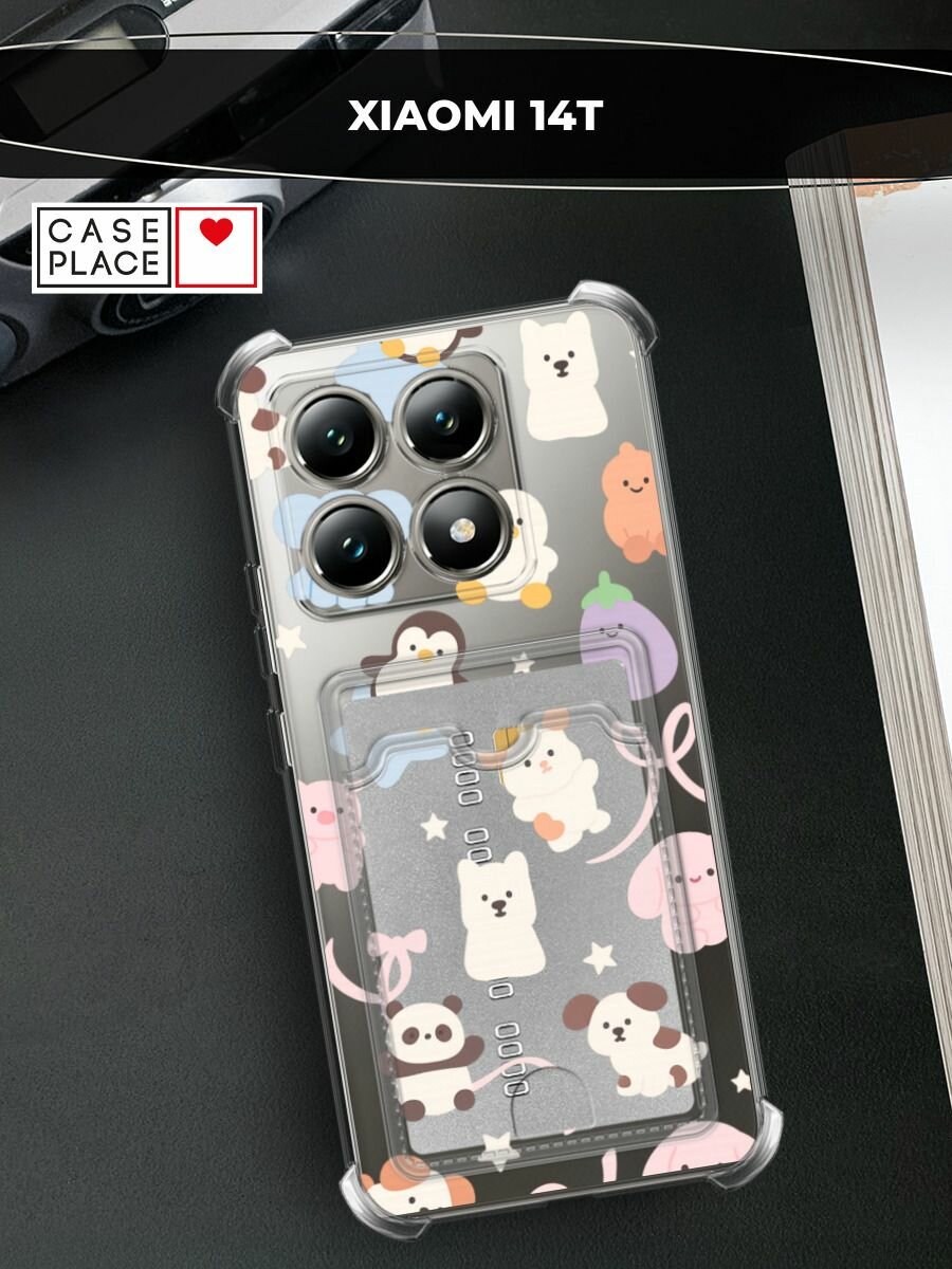 Чехол на Xiaomi 14T (Сяоми 14T) с картой и принтом Детеныши животных паттерн