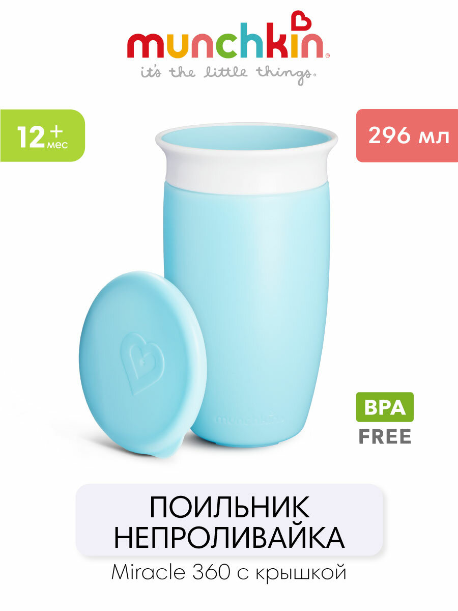 Munchkin поильник с крышкой MIRACLE® 360° непроливайка Голубой 296 мл. 12+